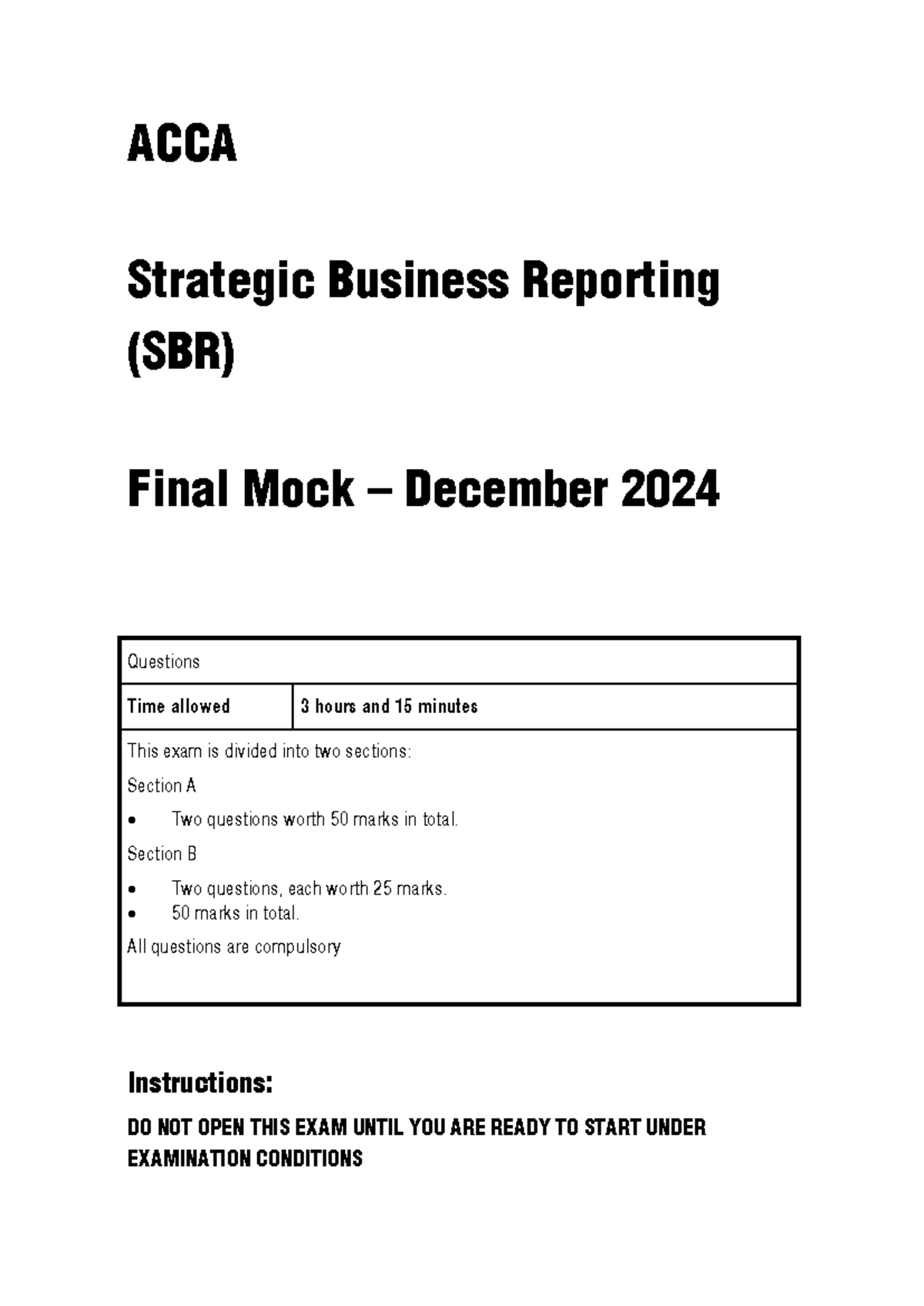 ACCA SBR Final Mock Exam December 2024 - Questions & Instructions - Studocu