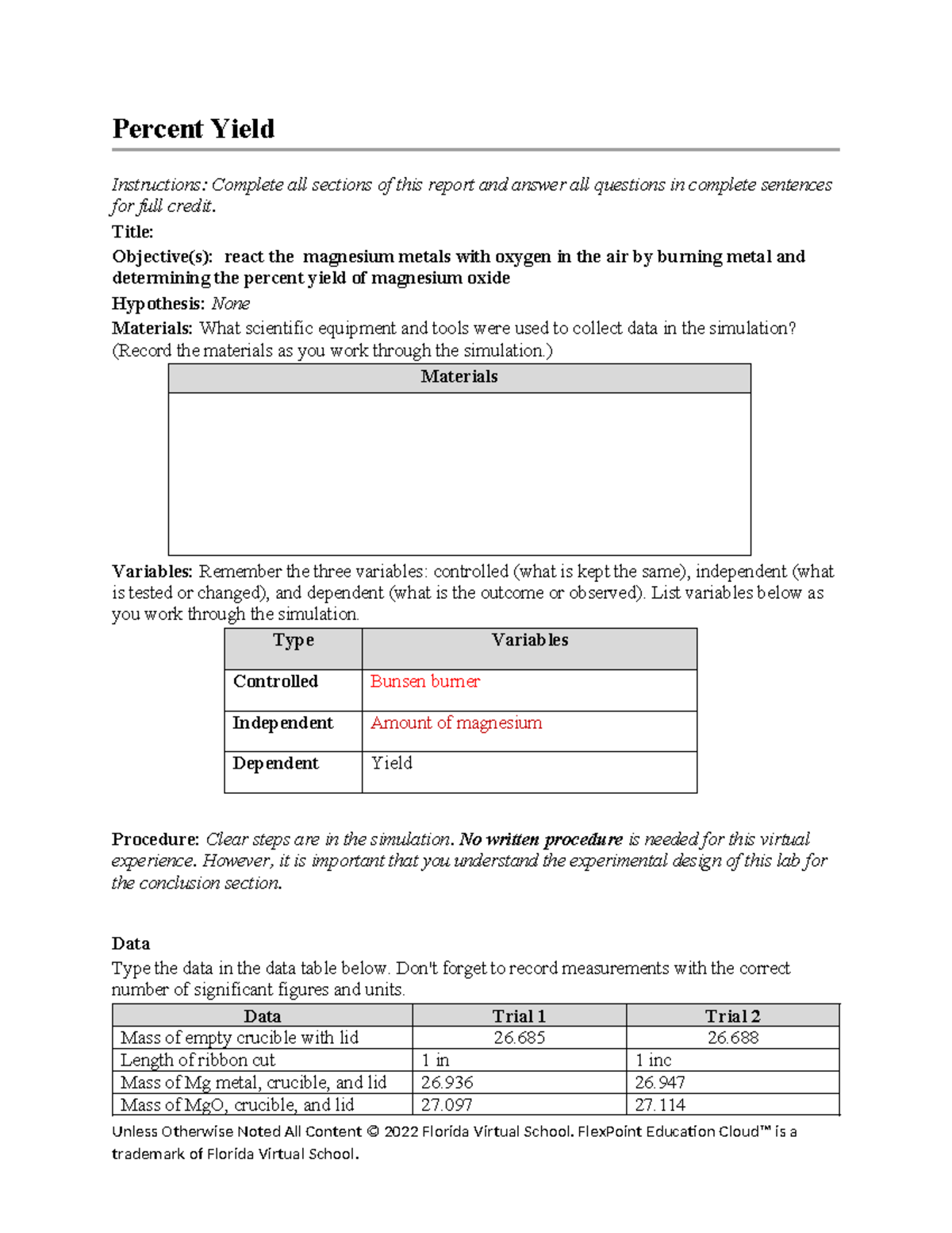 05.07 Percent Yield: Determining Magnesium Oxide Yield in Lab ...