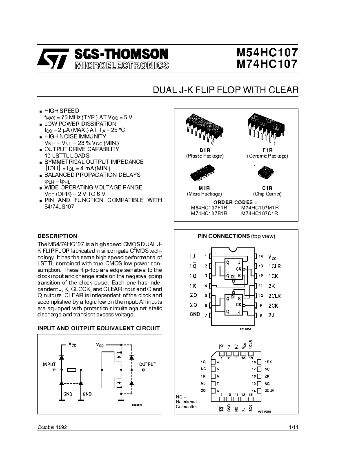 M54HC107 DUAL JK FLIP FLOP Data Sheet and Specifications - Studocu