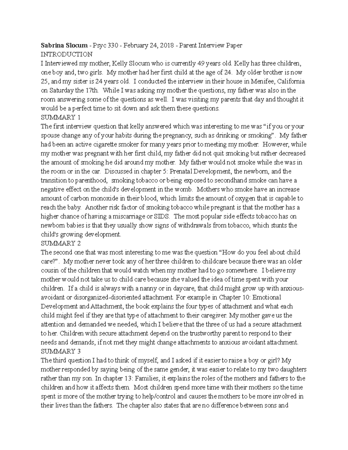 Psyc 330 - Parent Interview Paper Analysis and Insights - Studocu