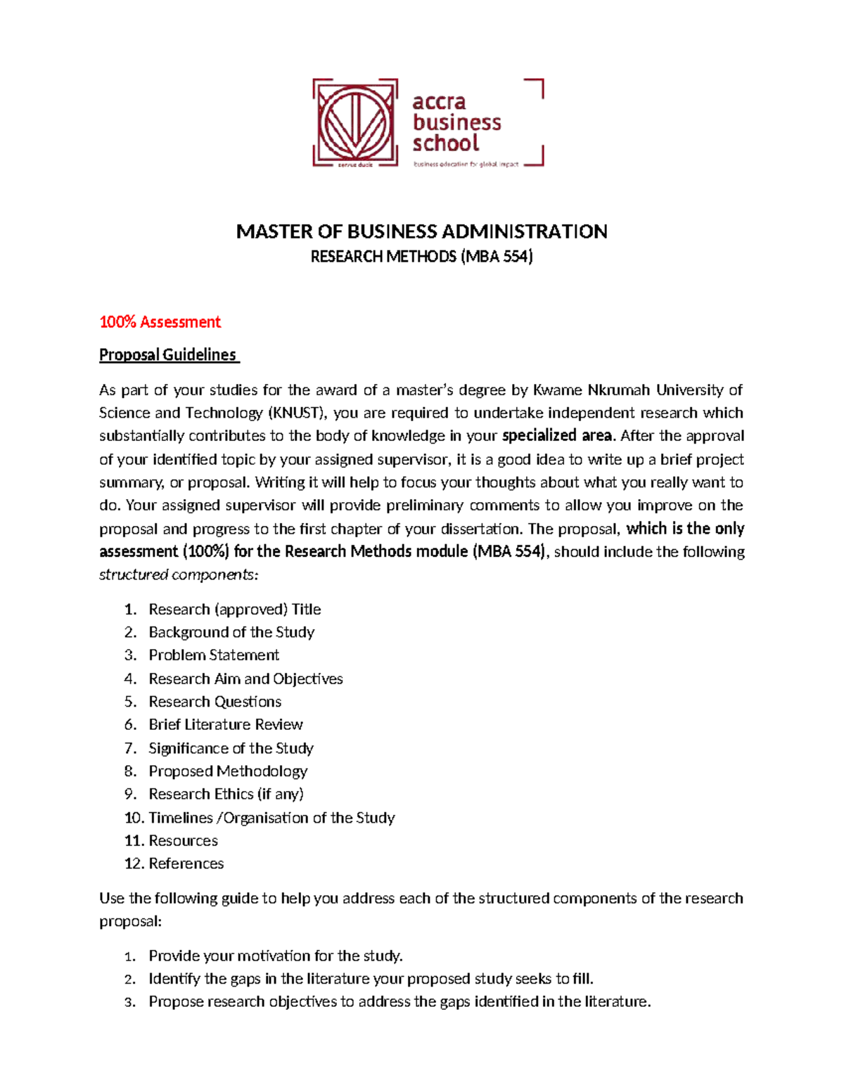 MBA 554 Research Methods - Proposal Guidelines for KNUST - Studocu