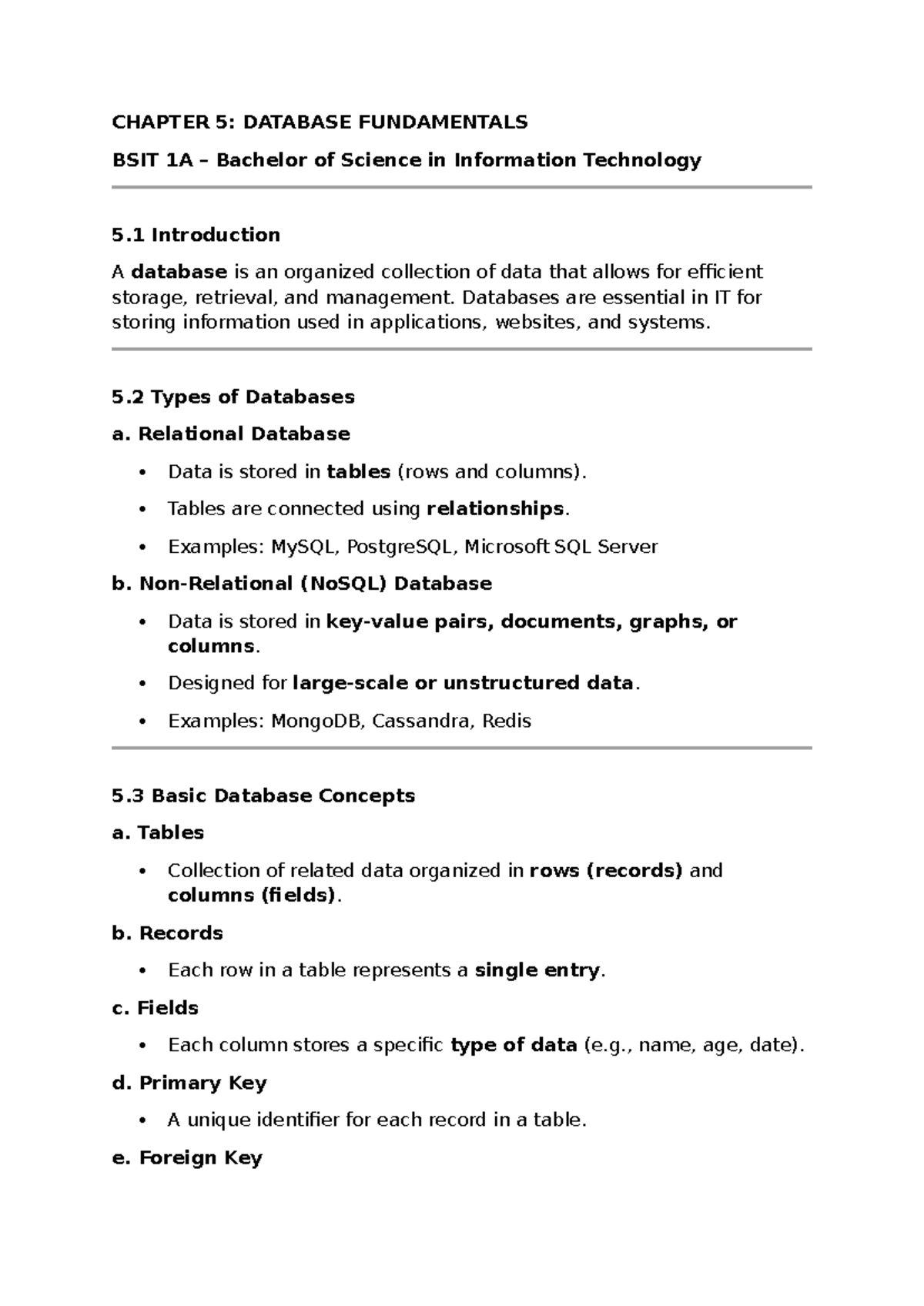 CHAPTER 5: DATABASE FUNDAMENTALS BSIT 1A - Studocu