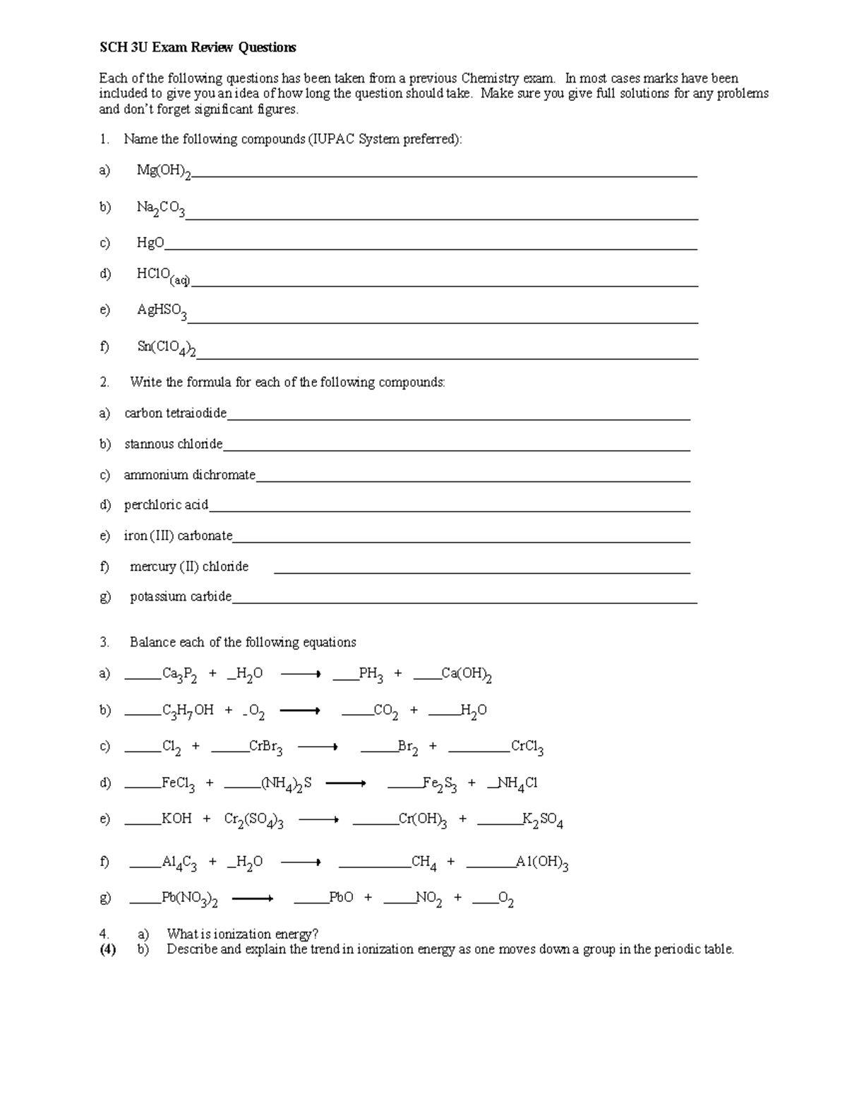 SCH3U Chemistry Exam Review: Key Questions & Solutions - Studocu