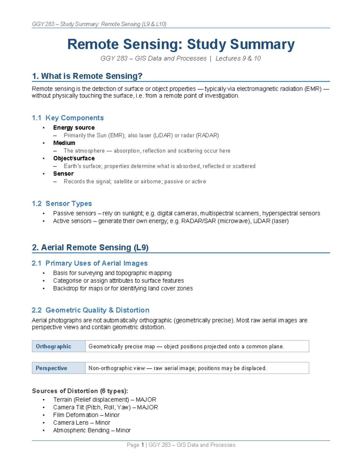 GGY 283 Study Summary: Remote Sensing Concepts (L9 L10) - Studocu