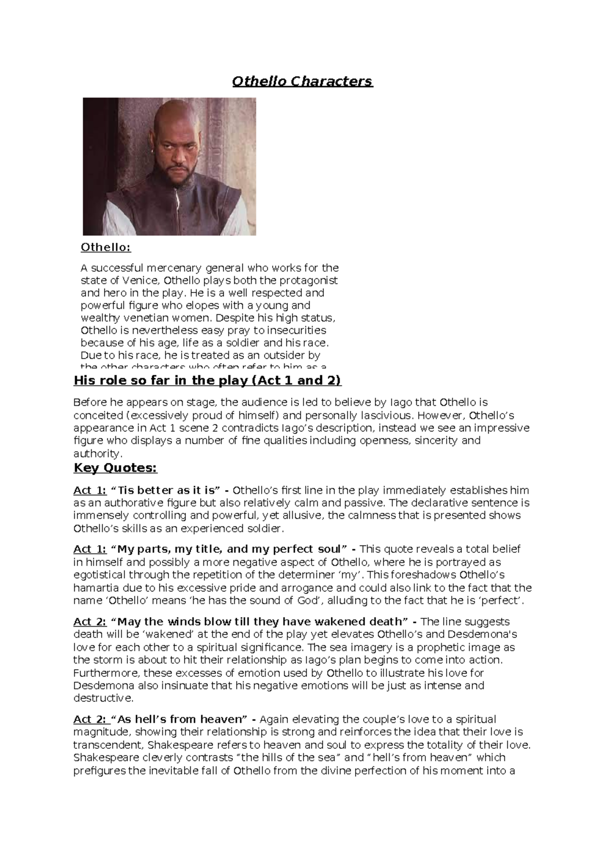 Othello Character Analysis: Key Quotes and Themes in Acts 1 & 2 - Studocu