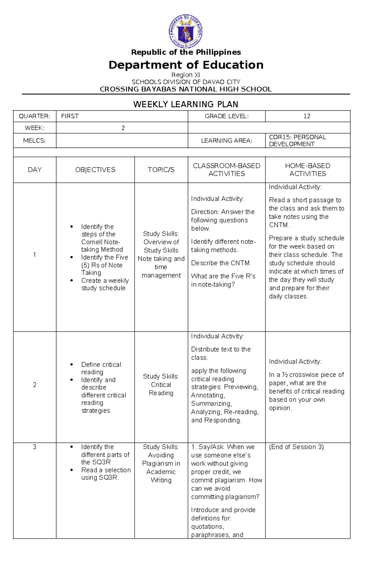 WLP 2: Weekly Learning Plan for Personal Development - Grade 12 - Studocu