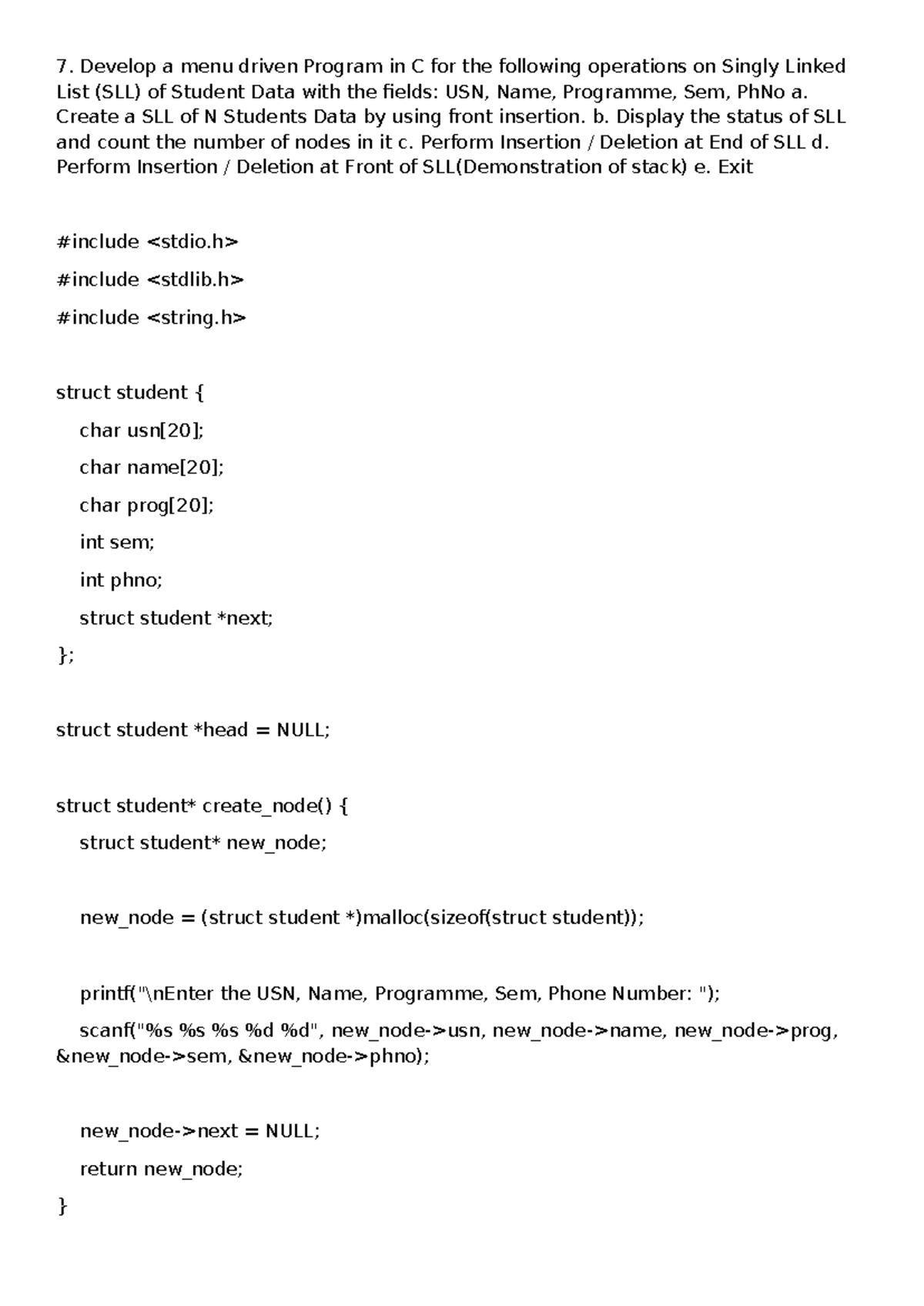 DSA Question Bank: C Programs for Linked Lists & Graph Traversals - Studocu
