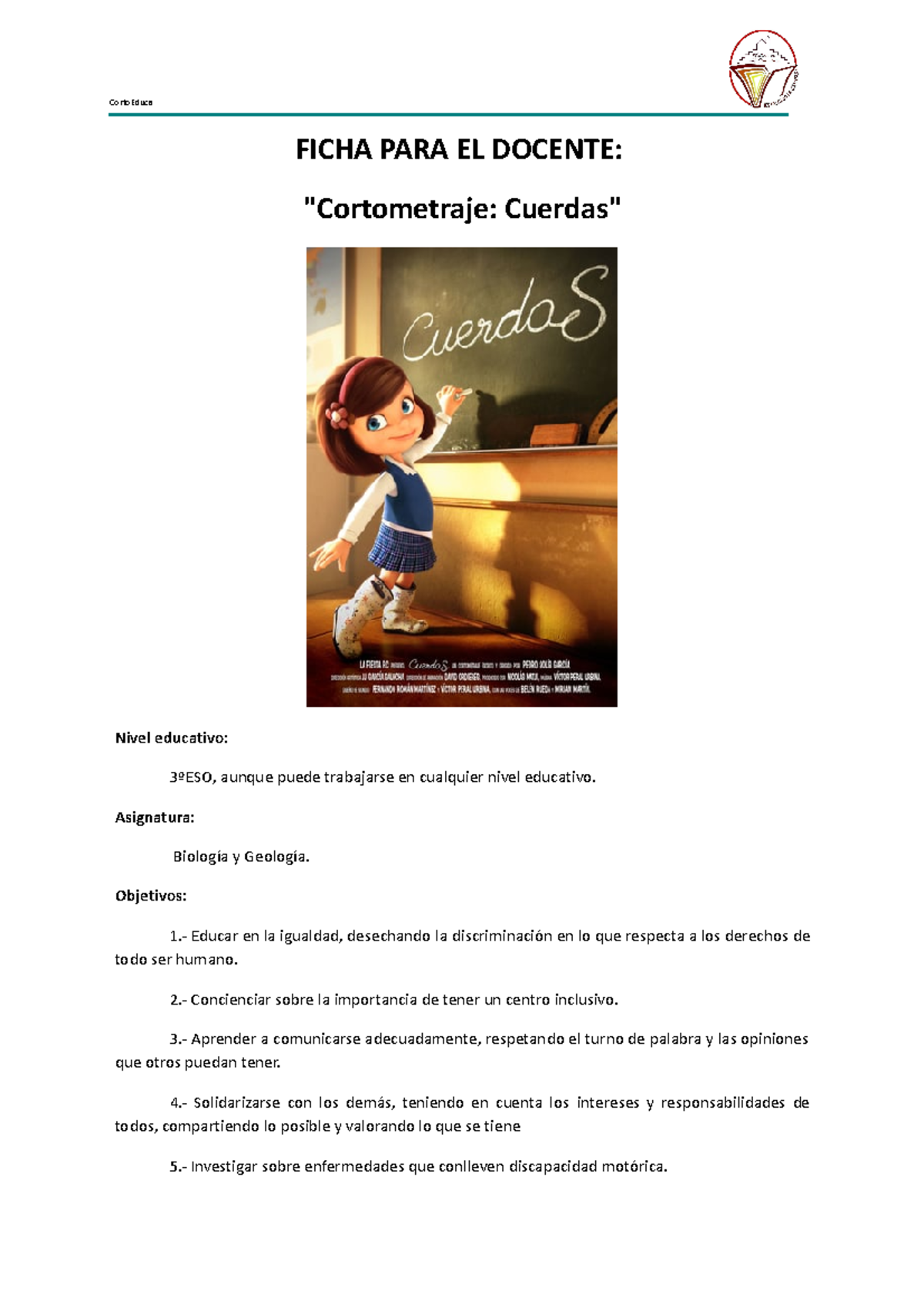 Cortometraje "Cuerdas" - Actividades Educativas y Biología 3ºESO - Studocu