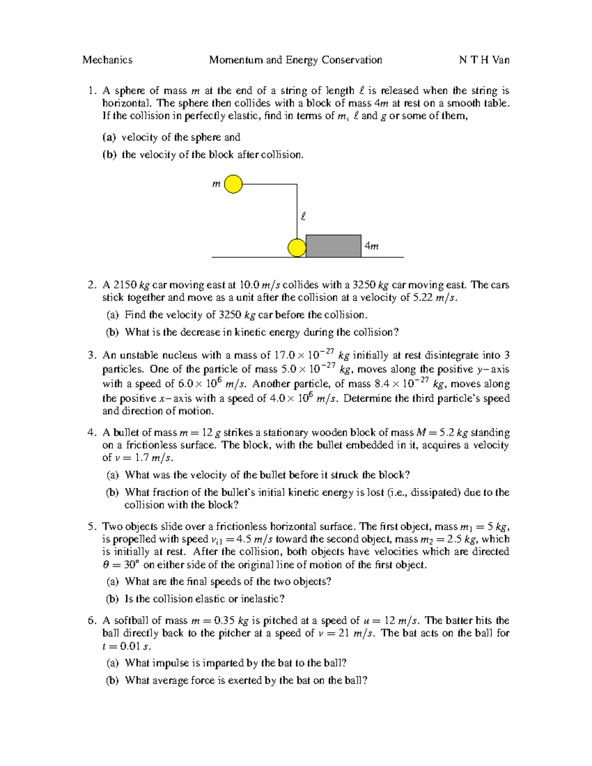 Mechanics Exercise B1 Chapter 4: Elastic Collisions and Energy Concepts ...
