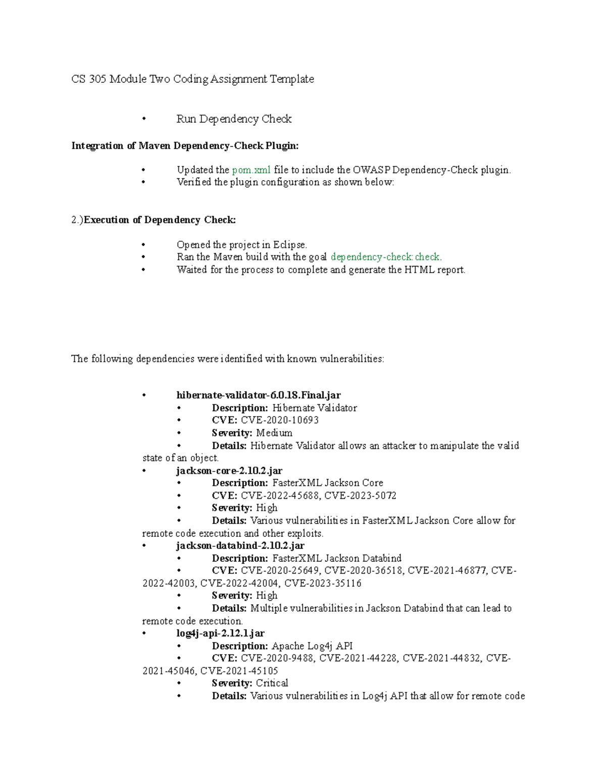 CS 305 Module Two Coding Assignment: Maven Dependency Check Report - Studocu