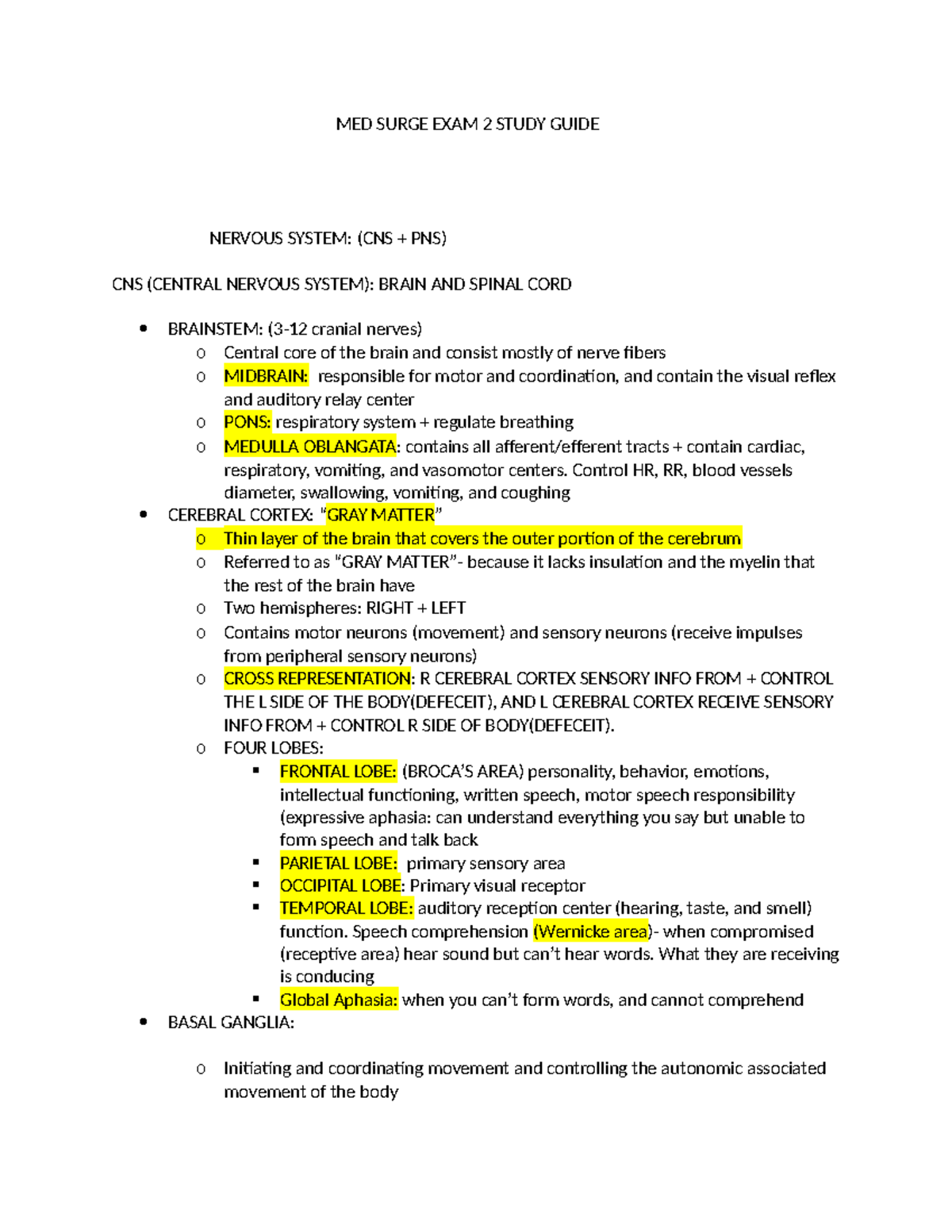 MEDS 202: Comprehensive Study Guide for Exam 2 on CNS & PNS - Studocu