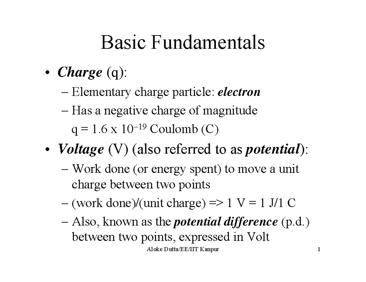 Ch 1 - Basic Fundamentals - Basic Fundamentals ï Charge (q): ñ ...