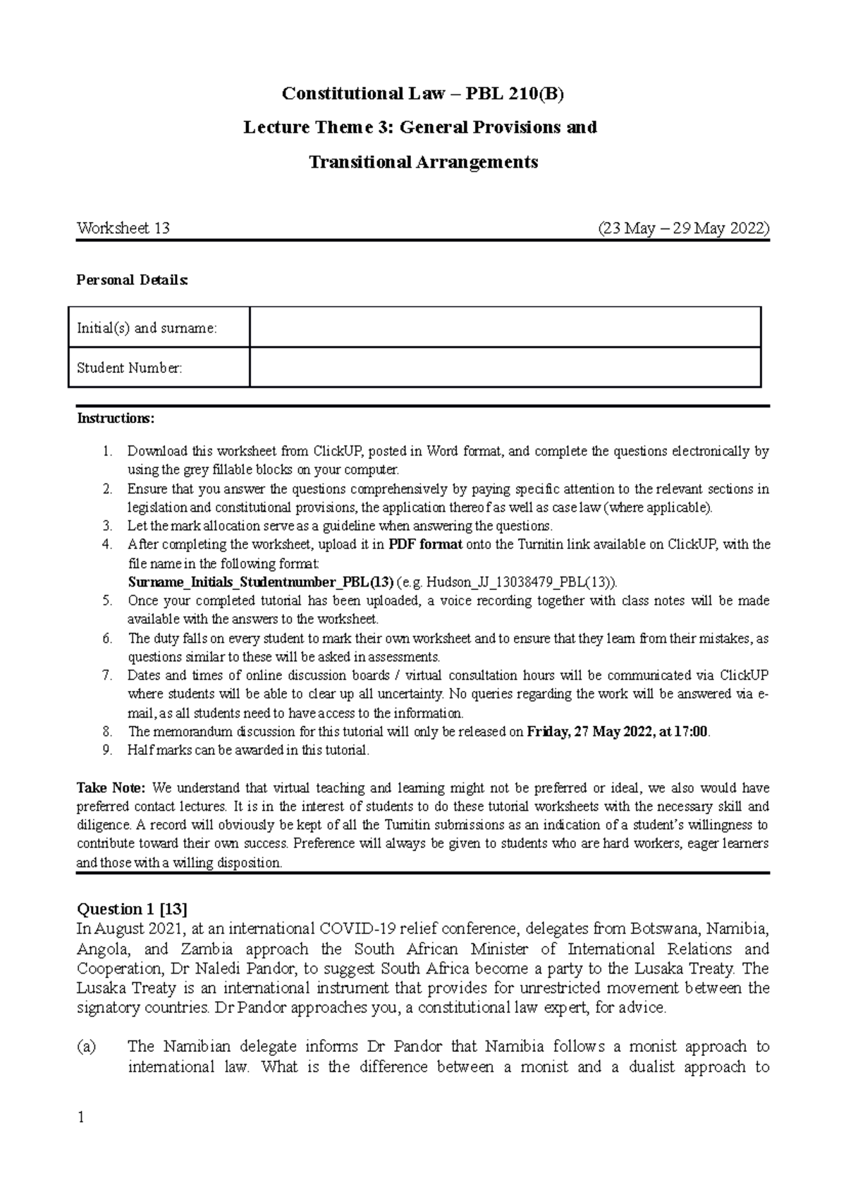 Worksheet 13 - Click UP - Constitutional Law – PBL 210(B) Lecture Theme ...