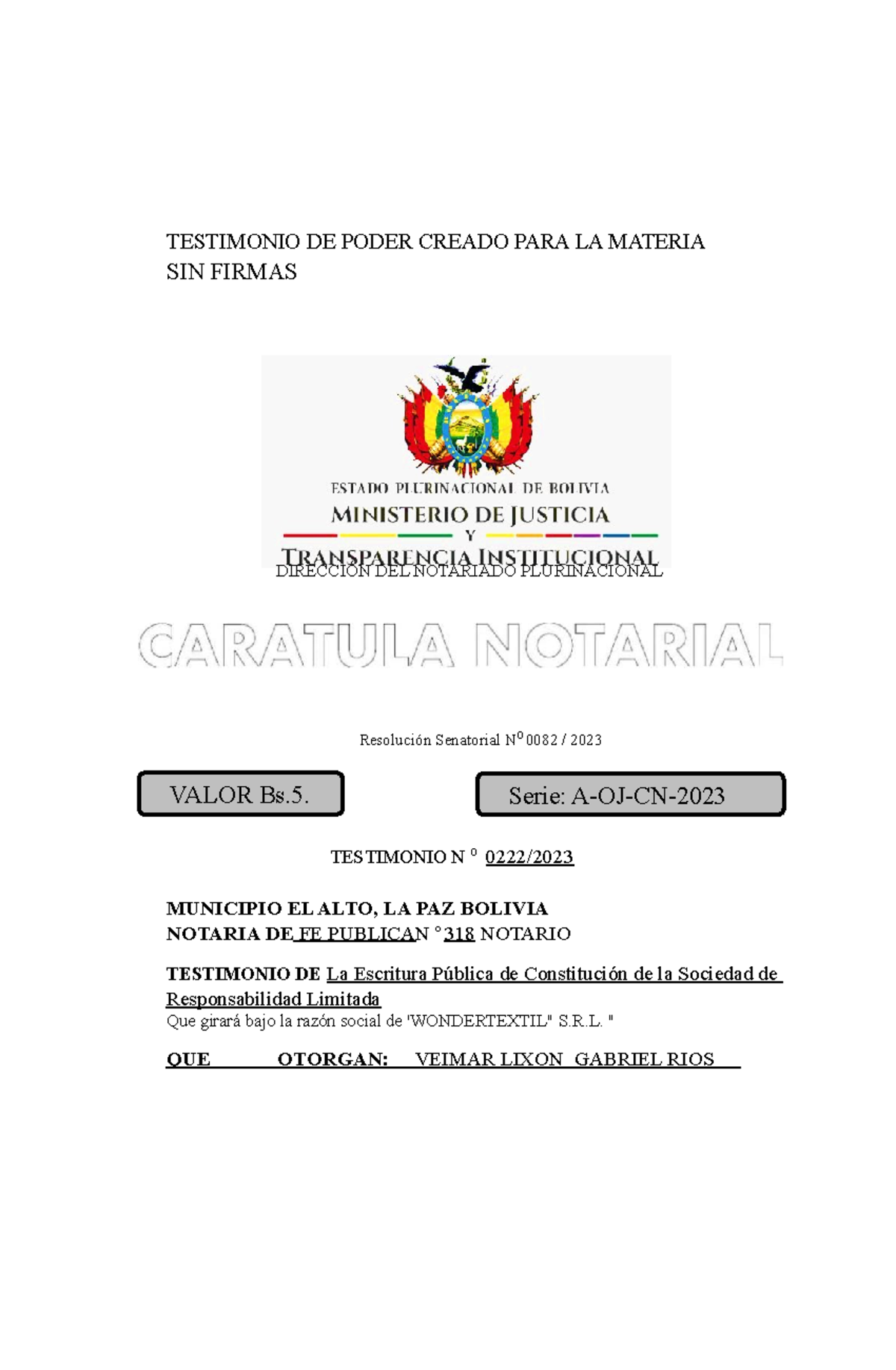 Testimonio Notarial de Poder para WONDERTEXTIL S.R.L. - 2023 - Studocu