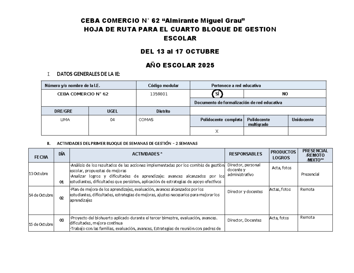 CEBA COMERCIO 62: HOJA DE RUTA GESTIÓN ESCOLAR 13-17 OCT 2025 - Studocu
