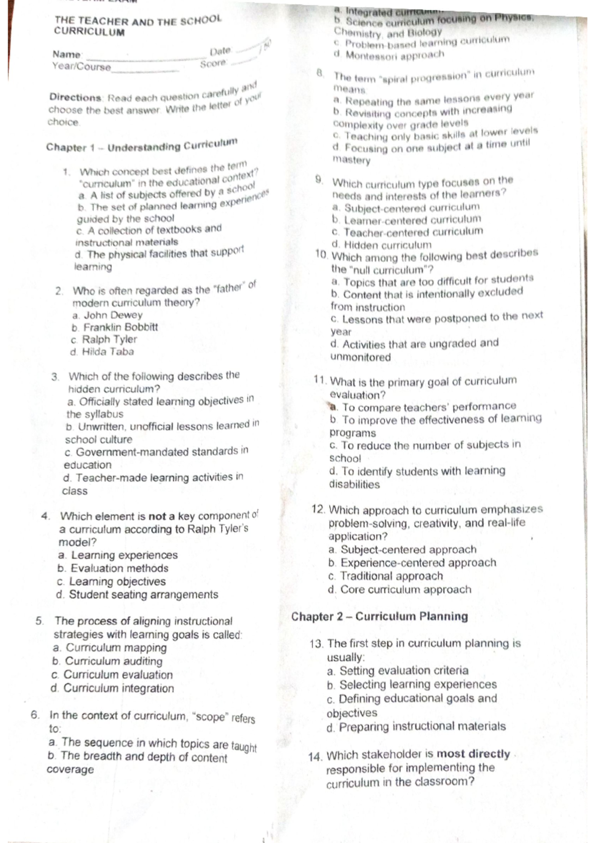 BSED 101: Understanding Curriculum - Comprehensive Study Guide - Studocu