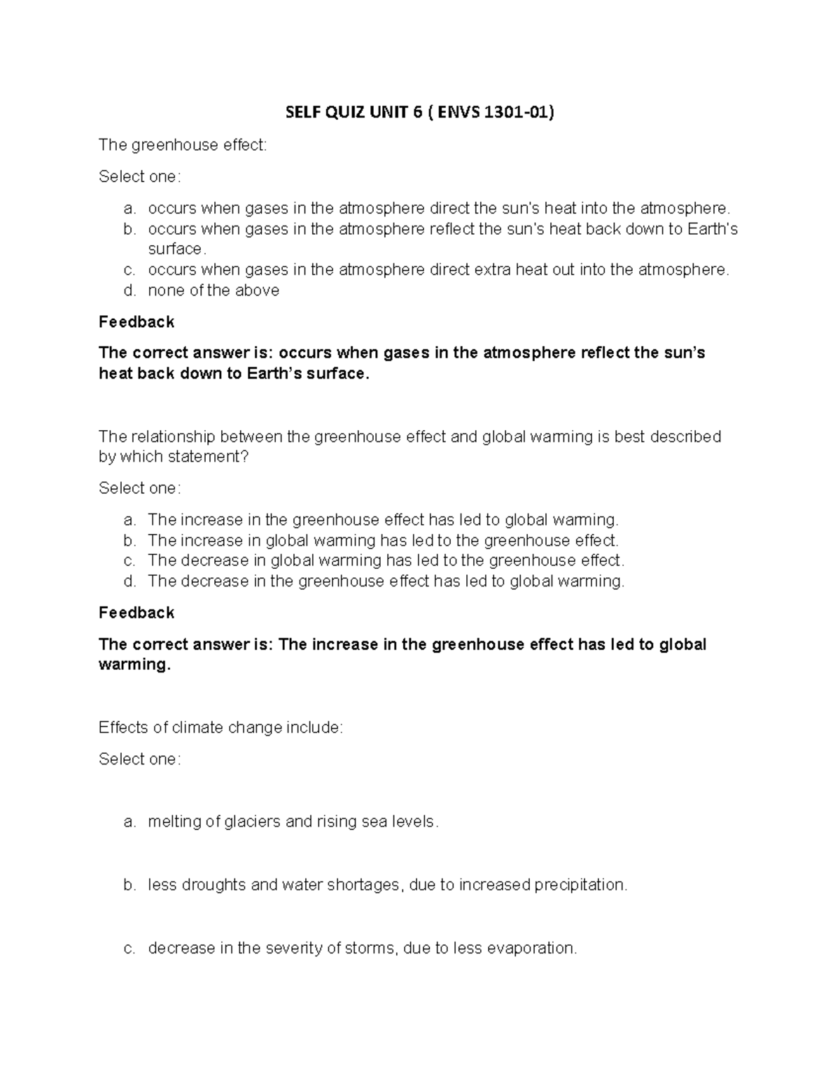 Self Quiz Unit 6: Climate Change & Greenhouse Effect (ENVS 1301) - Studocu