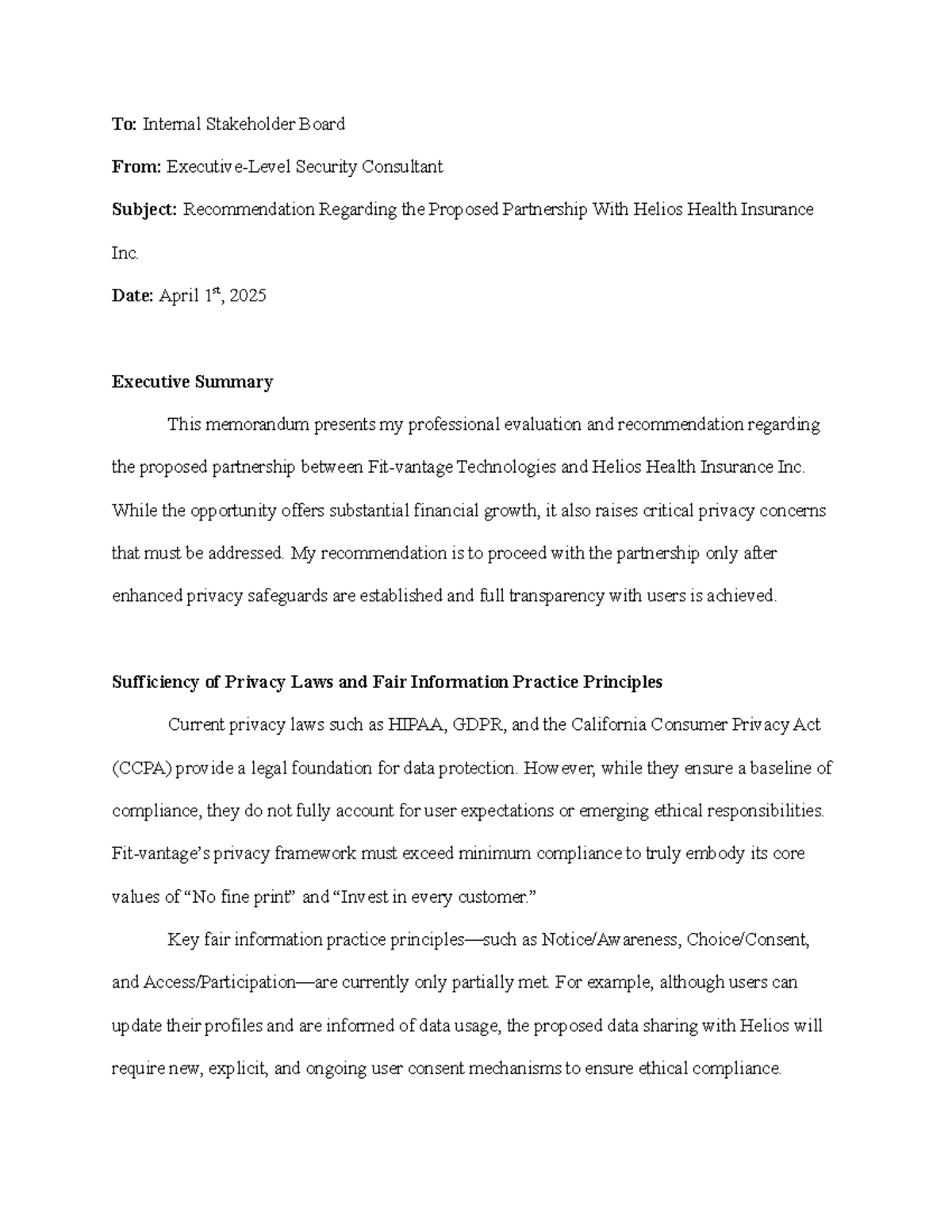 Recommendation memo on partnership with Helios Health Insurance Inc ...