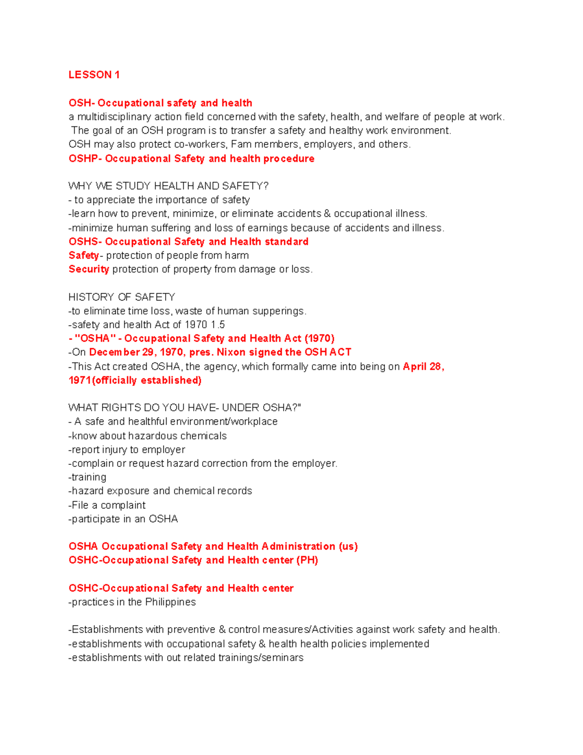 LESSON 1: Introduction to Occupational Safety and Health (OSH) - Studocu