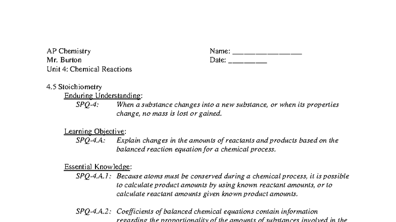 AP Chemistry (Unit 4.5) - Stoichiometry Notes and Concepts - Studocu