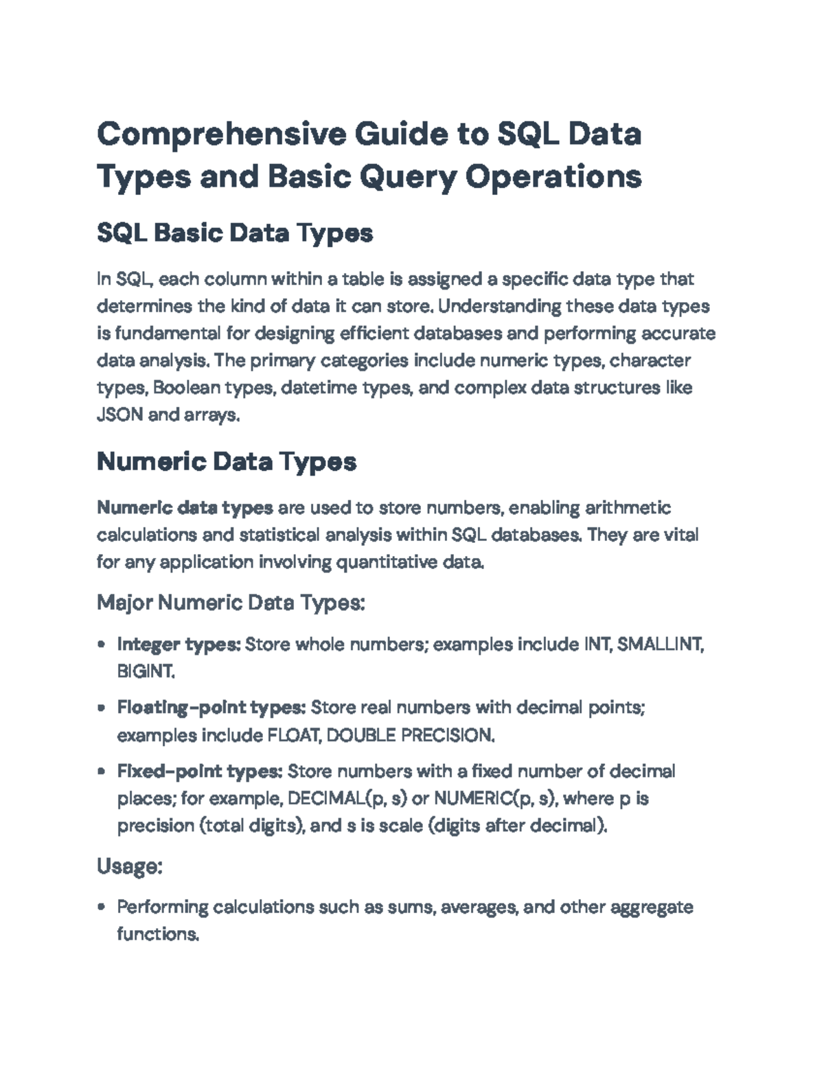 Comprehensive SQL Data Types & Basic Query Operations Guide - Studocu