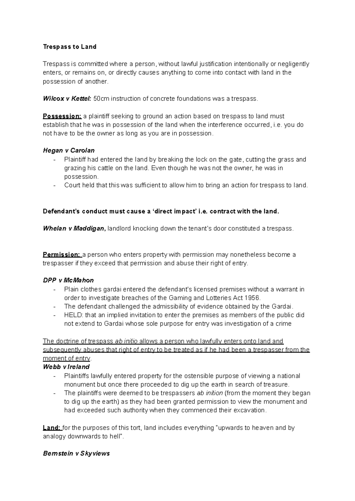 Trespass to Land - FE1 Final Exam Notes on Key Cases and Principles ...