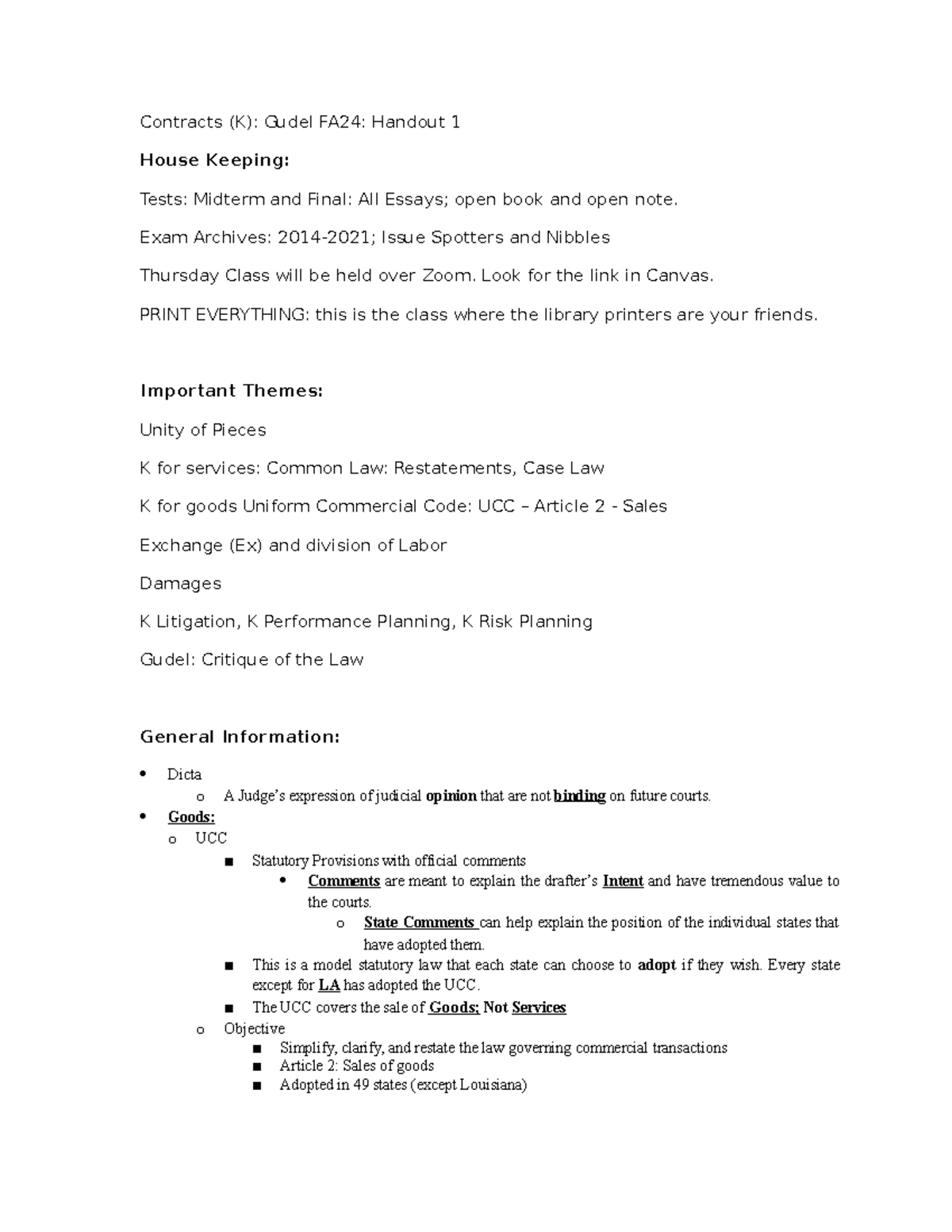 Contract Law (K): Expectancy vs. Reliance Damages Review Handout FA24 ...