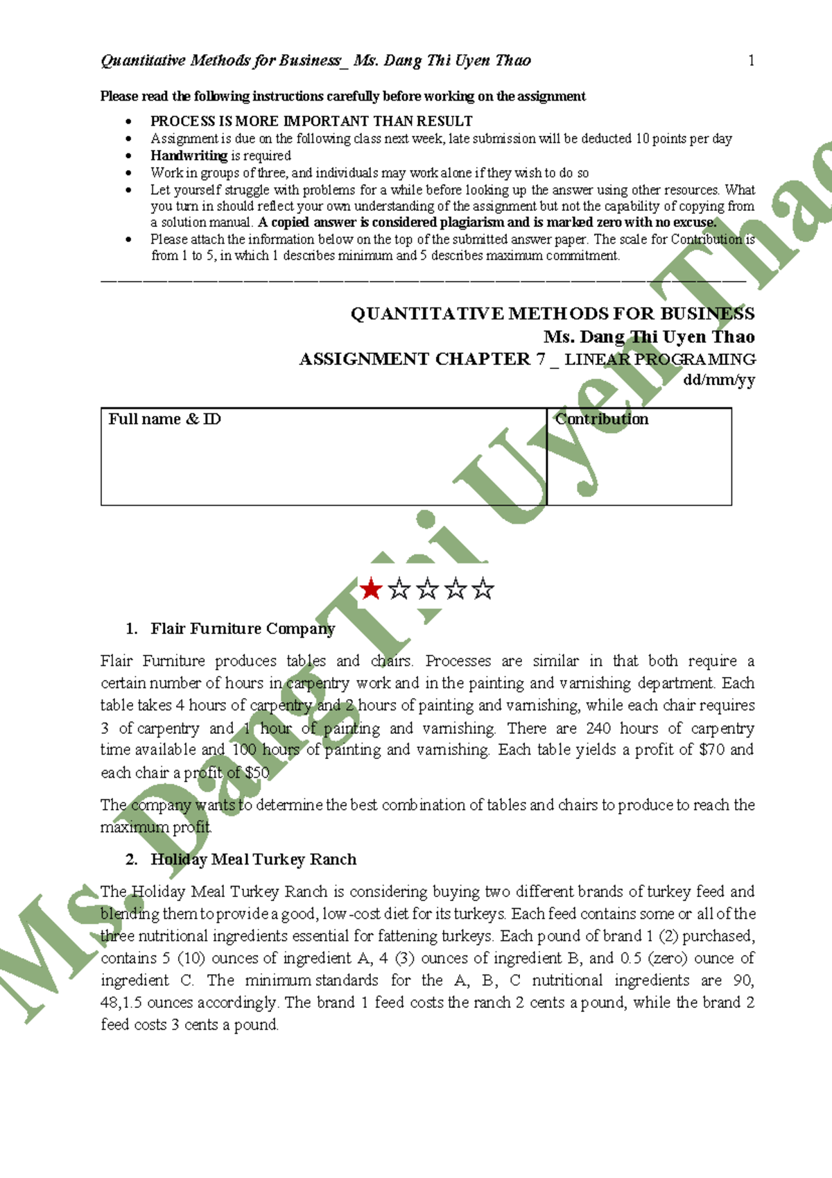 Quantitative Methods for Business (QM 101) - Assignment 7: Linear ...