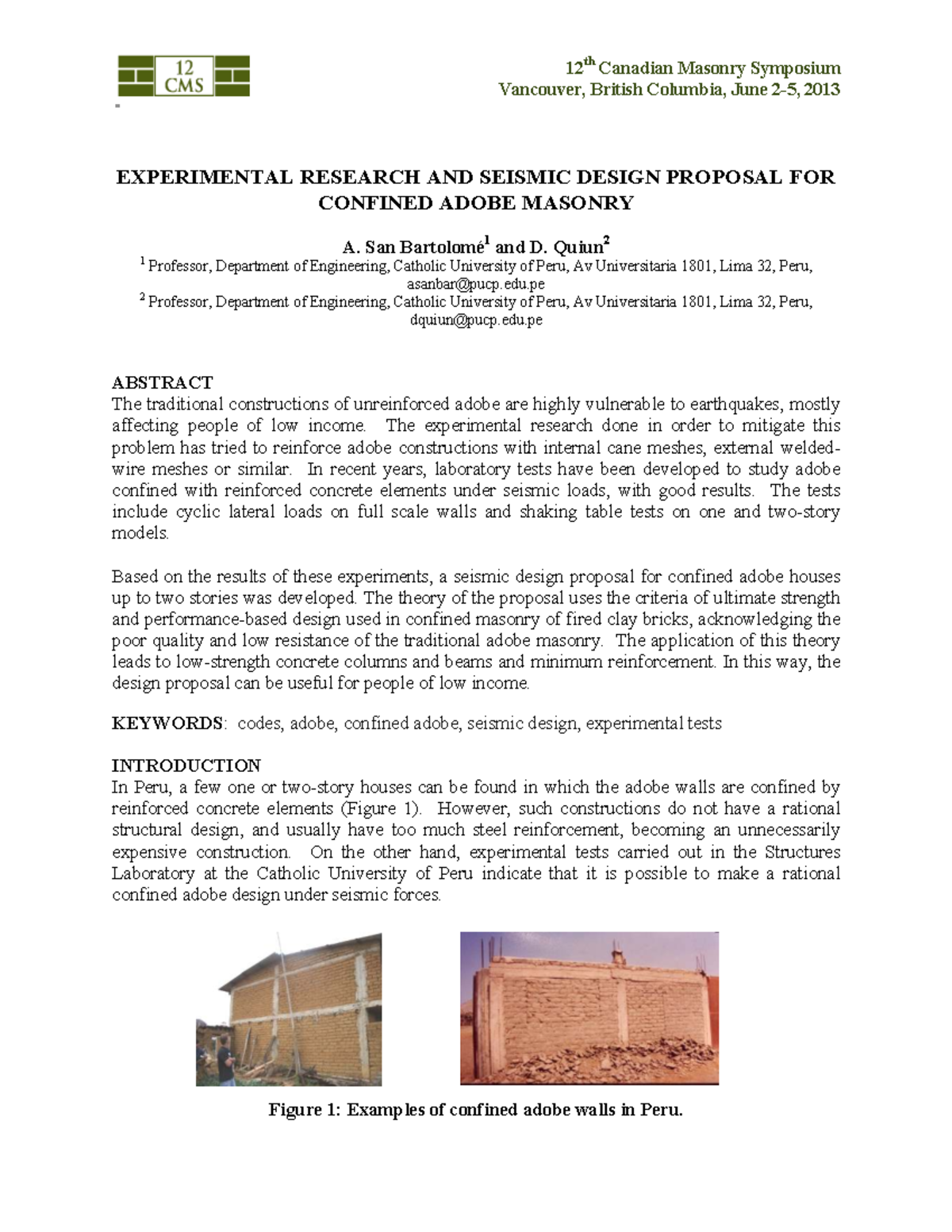 Seismic Design Proposal for Confined Adobe Masonry: 12th Canadian ...