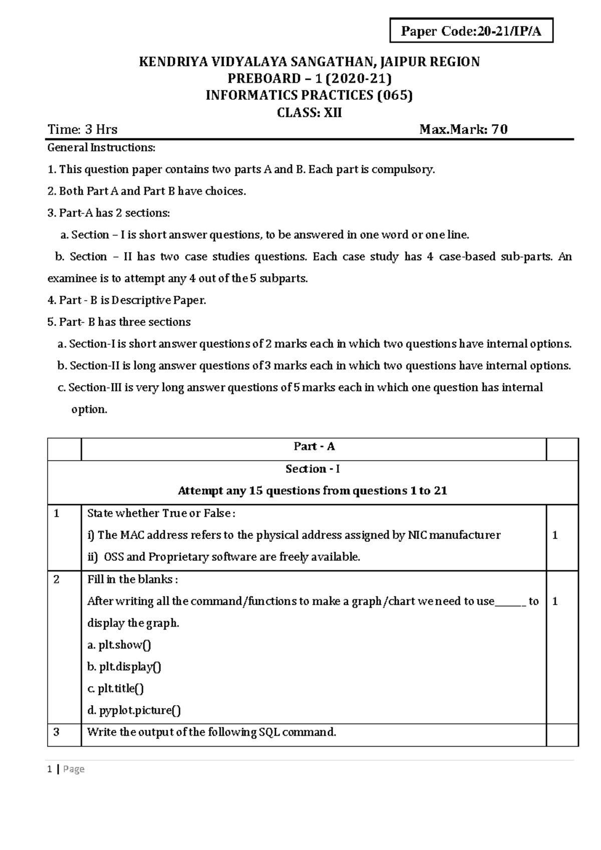 XII IP Preboard 1 Sample Paper (065) - 3 Hrs Exam - Studocu