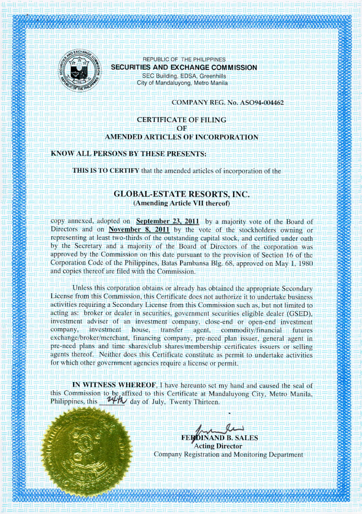 Certificate of Filing of Amended Articles of Incorporation - Business ...
