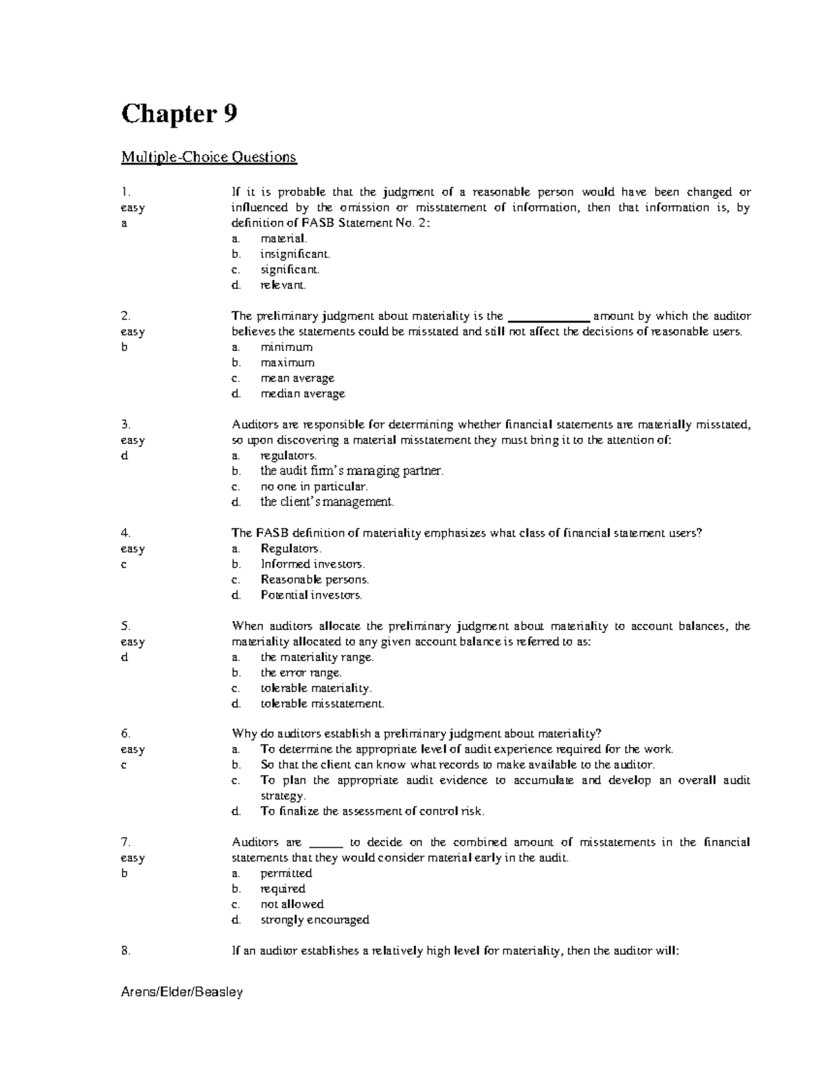Chapter 9 Final Exam - Auditing and Assurance Test Bank Questions - Studocu