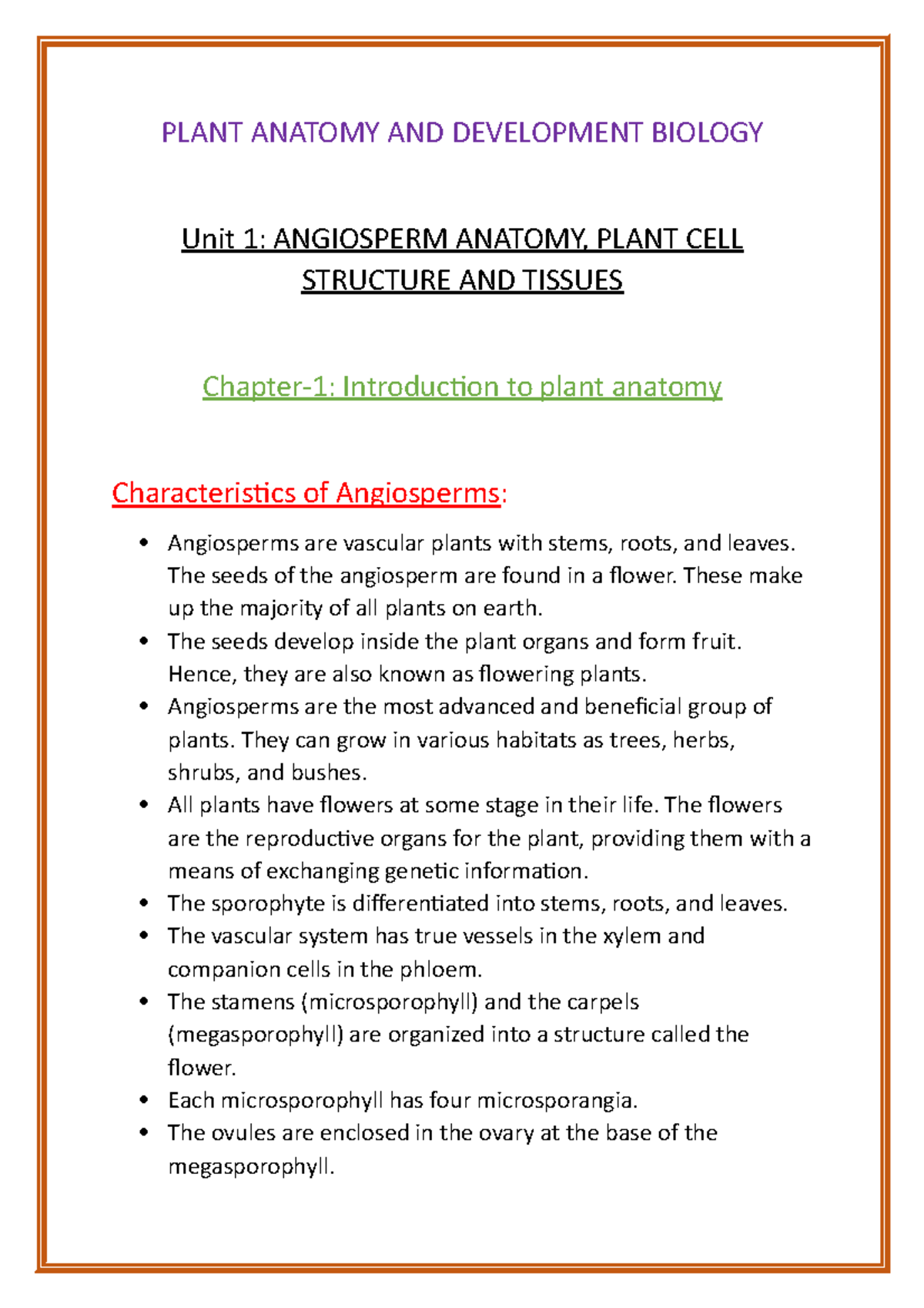 Chapter 1: Intro to Plant Anatomy in Angiosperms - Bio Unit 1 - Studocu