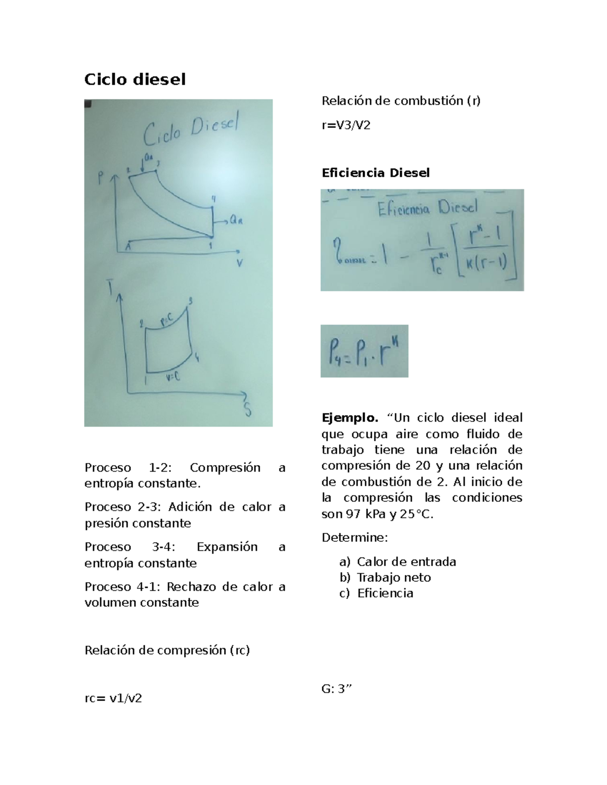 Ciclo diesel - apunte - Ciclo diesel Proceso 1-2: Compresión a entropía constante. Proceso 2-3 ...
