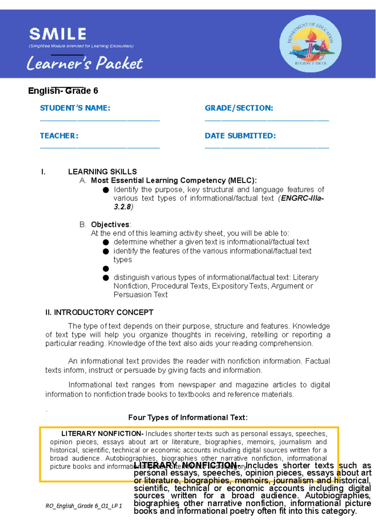 English-6 Q2 LP1 - Understanding Informational Text Types - Studocu