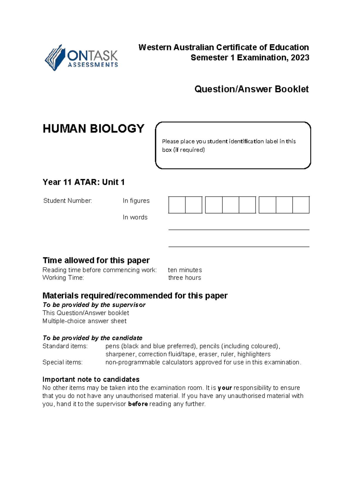 2023 Year 11 ATAR Human Biology Unit 1 Exam Booklet - Studocu