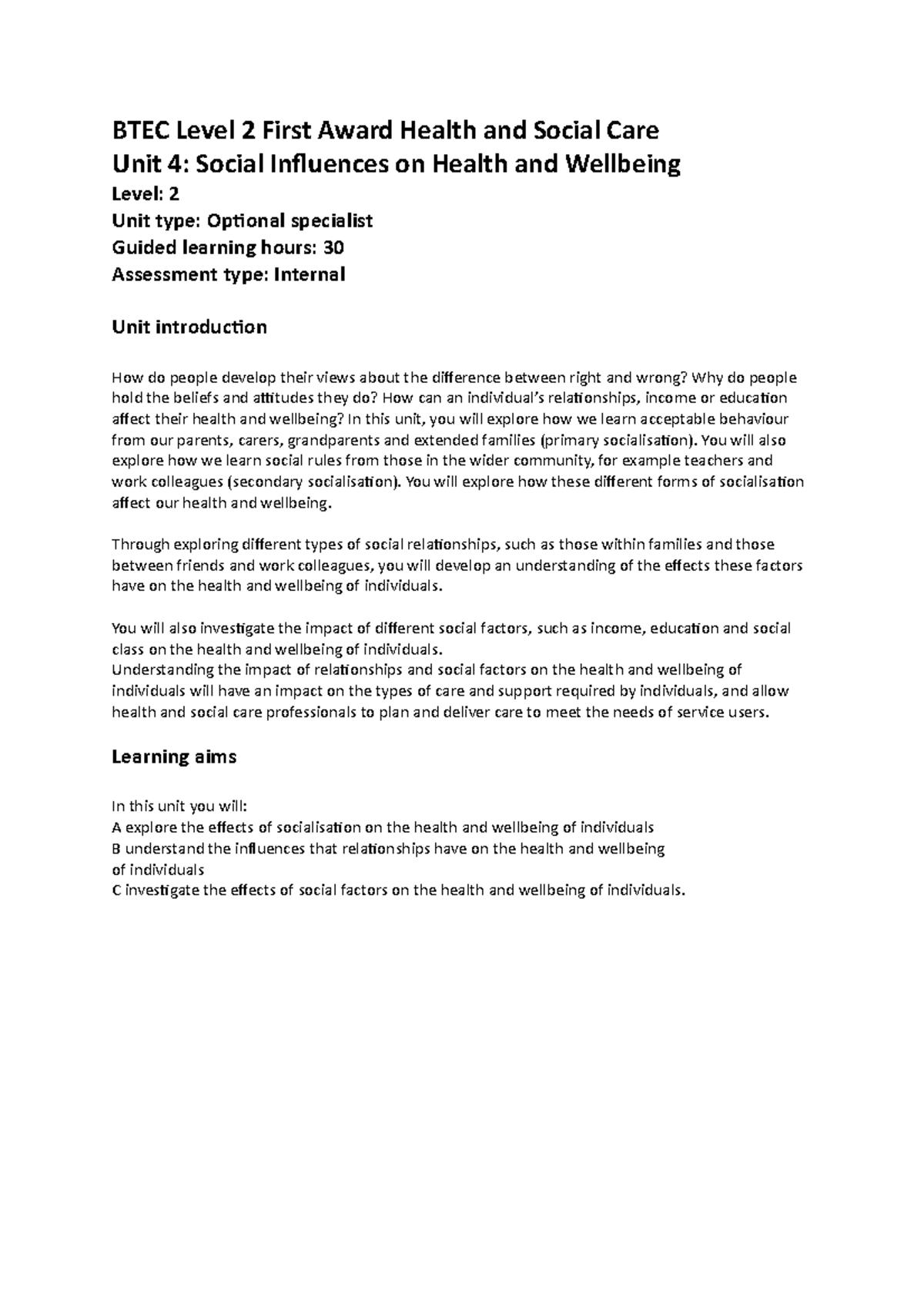 HSC-Unit-4-Programme-of-Study - BTEC Level 2 First Award Health and ...