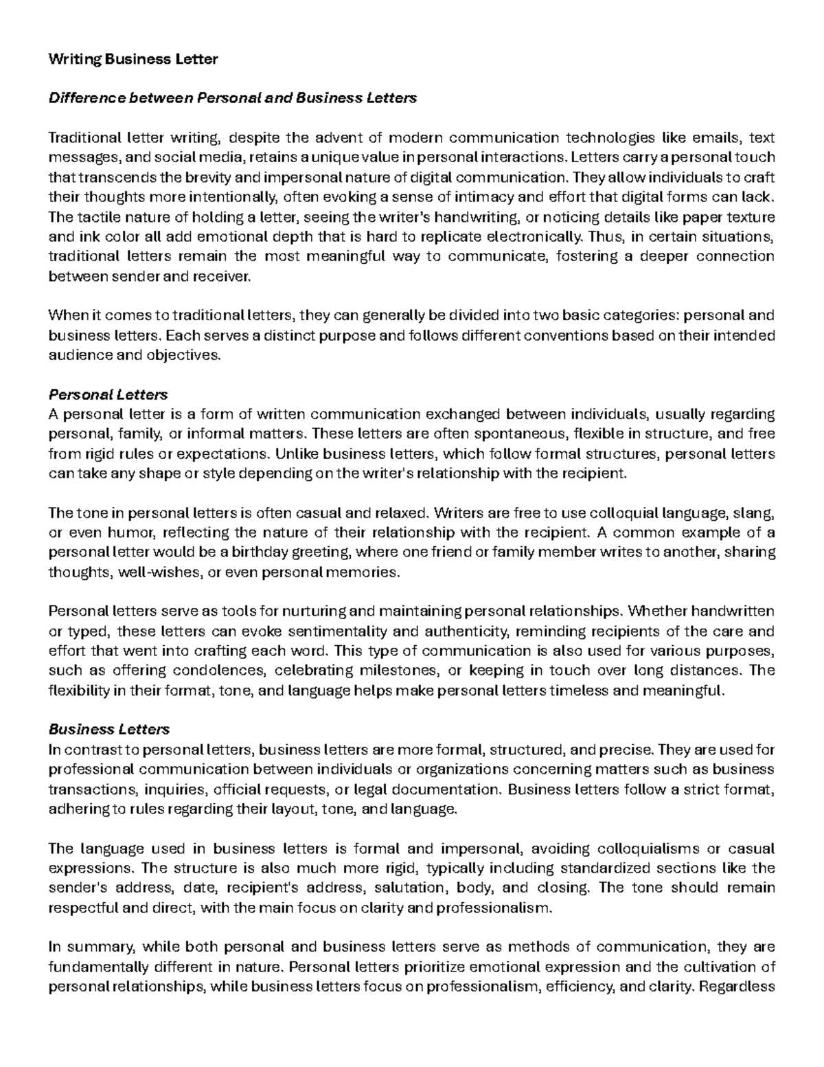 Writing Business Letters: Personal vs. Business Letters - Studocu
