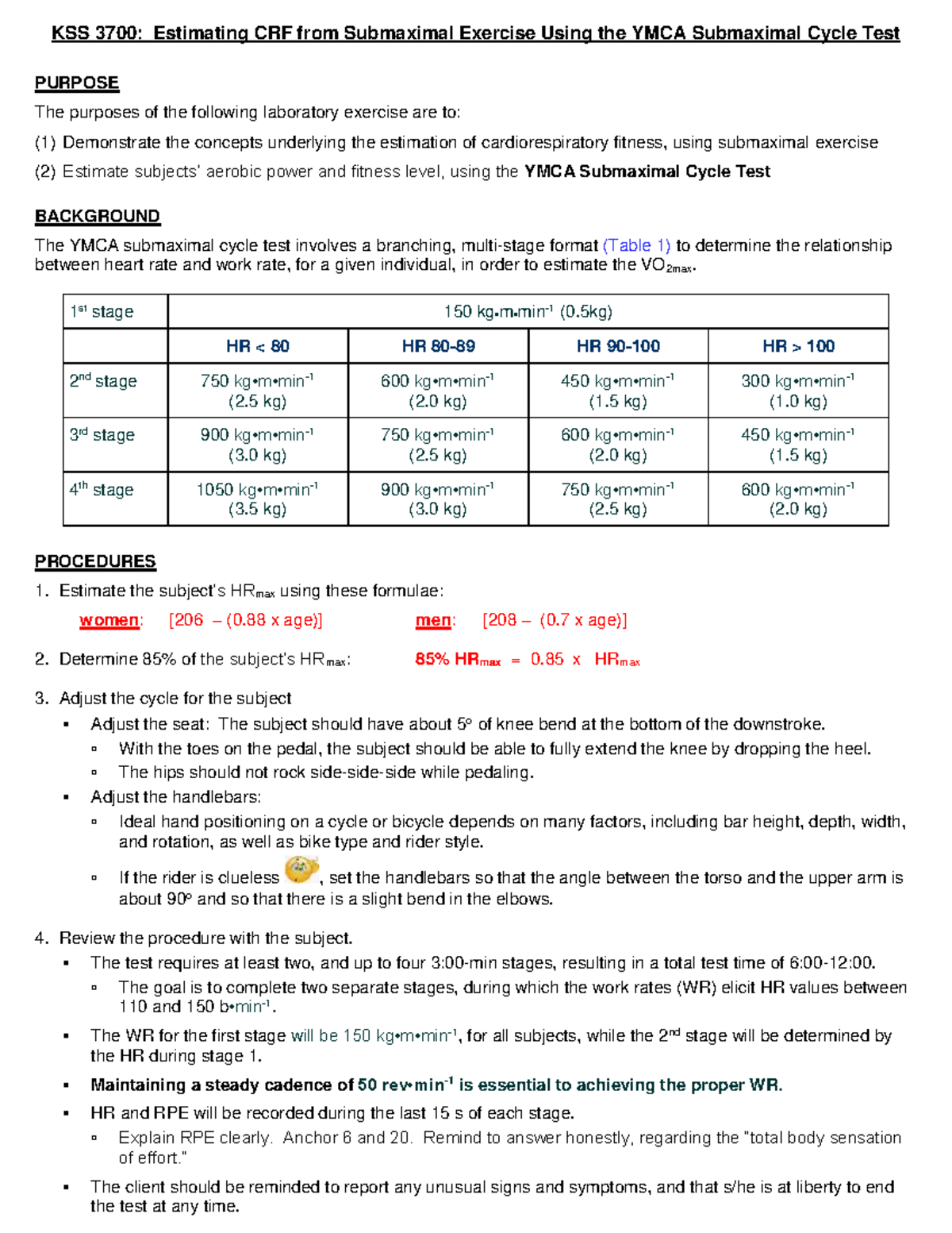 KSS 3700: YMCA Submaximal Cycle Test Procedure & Analysis Guide - Studocu