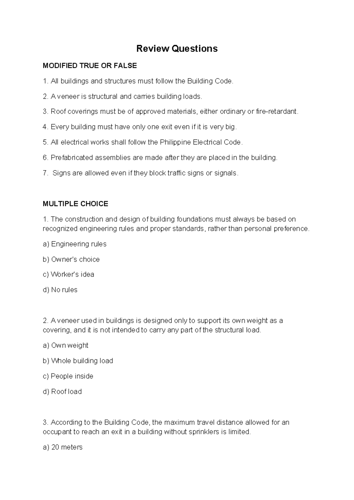 Building Code Review Questions - True/False & Multiple Choice - Studocu