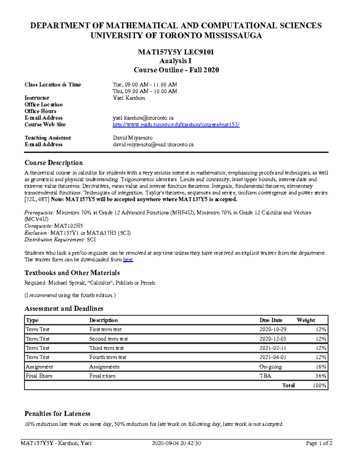 MAT157Y5Y Course Outline & Assessment Details for Fall 2020 - Studocu