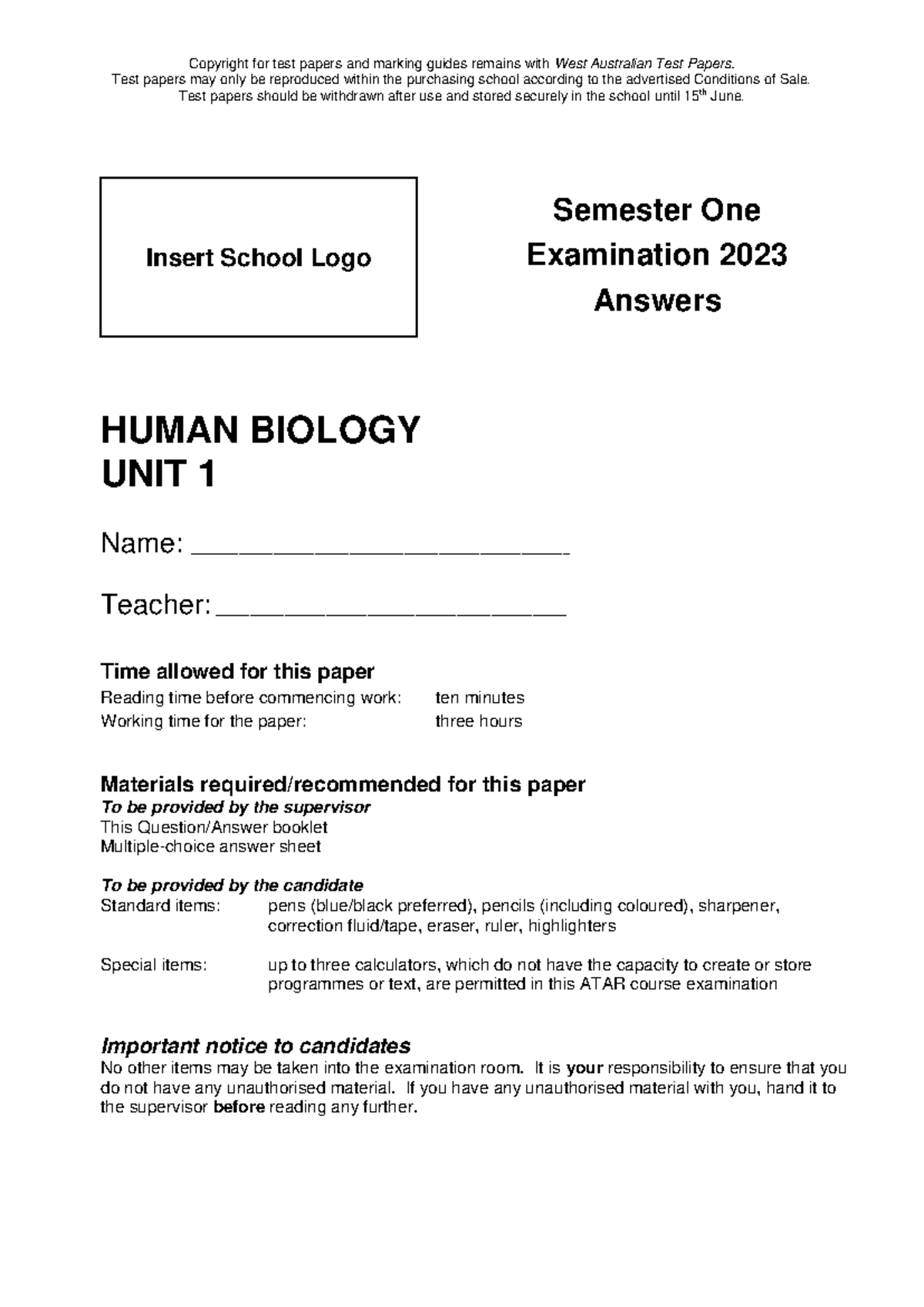 HUMAN BIOLOGY UNIT 1 Semester One Exam 2023: Comprehensive Answer Guide ...
