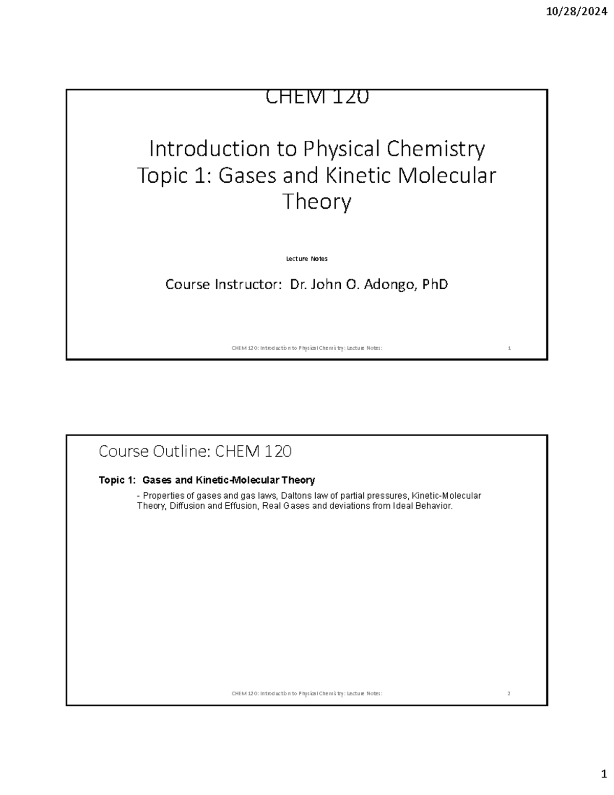 CHEM 120: Physical Chemistry Lecture Notes on Gases & KMT - Studocu