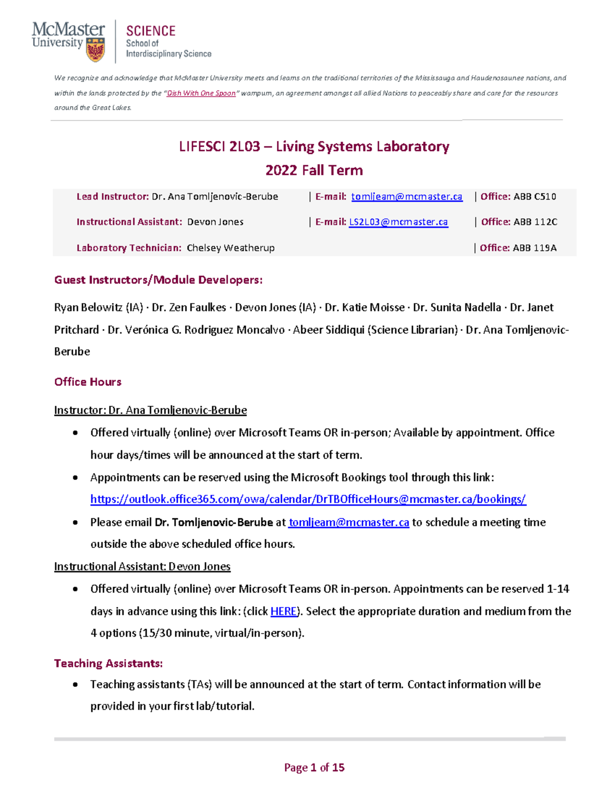 LIFESCI 2L03 Syllabus - Living Systems Laboratory Fall 2022 - Studocu