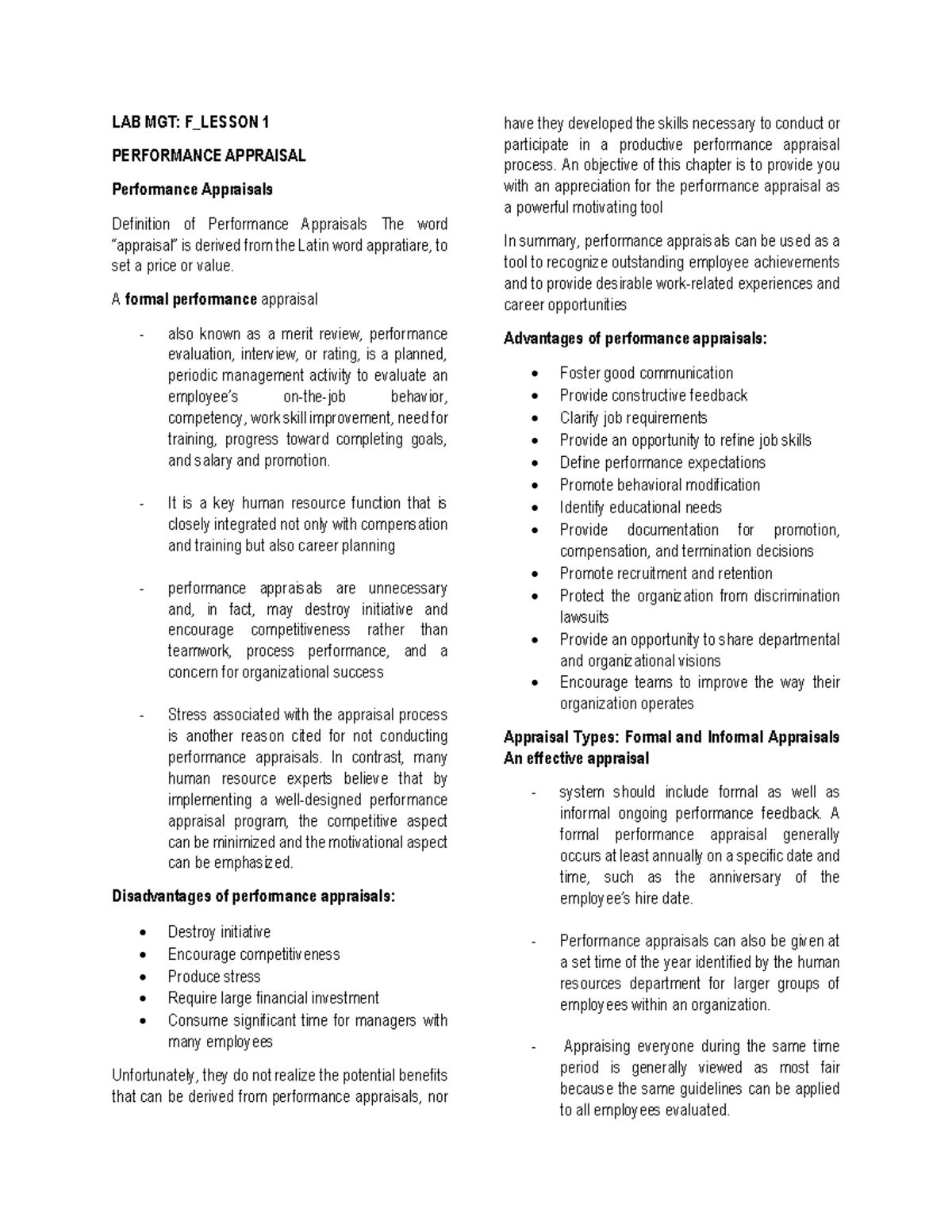 Lesson 1 Performance Appraisal Lab Mgt F Lesson 1 Performance