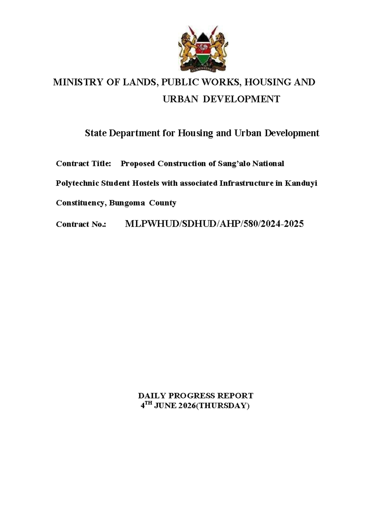 DAILY PROGRESS REPORT: SANG'ALO Hostel Construction - 4TH JUNE 2026 ...