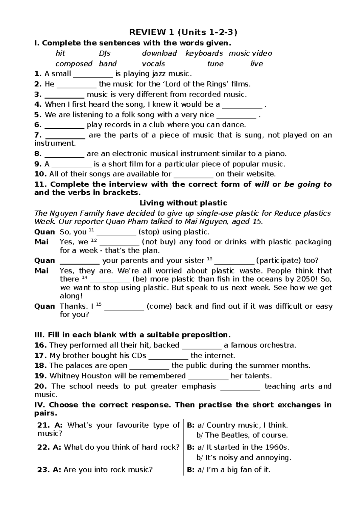 4. Review 1 (Units 1-2-3) - REVIEW 1 (Units 1-2-3) I. Complete the ...