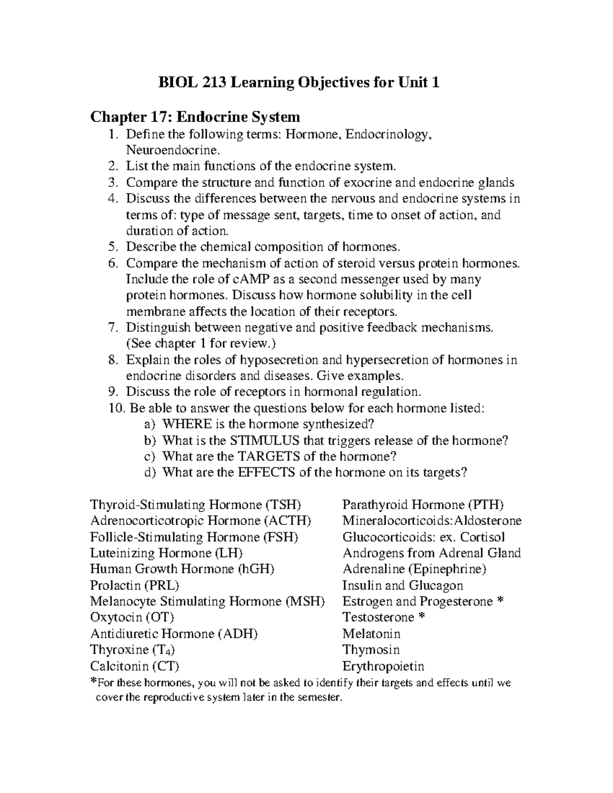 BIOL 213 Unit 1 Learning Objectives: Endocrine System & Blood - BIOL ...