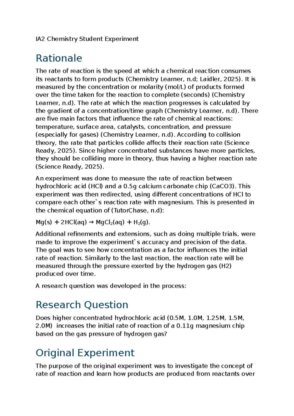 IA2 Chemistry Experiment: Investigating Reaction Rates with HCl and Mg ...