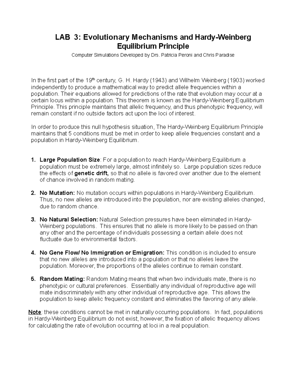 Lab 3: Understanding Hardy-Weinberg Equilibrium in Evolutionary Biology ...